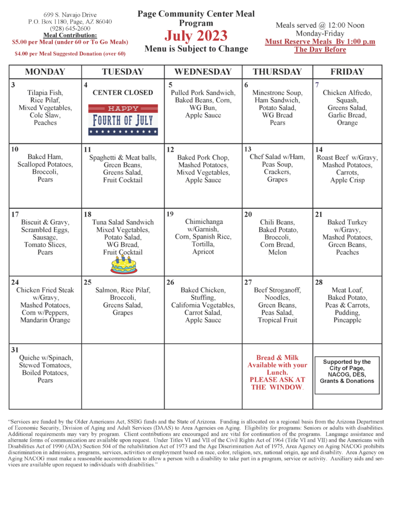 Meal Menu – City of Page