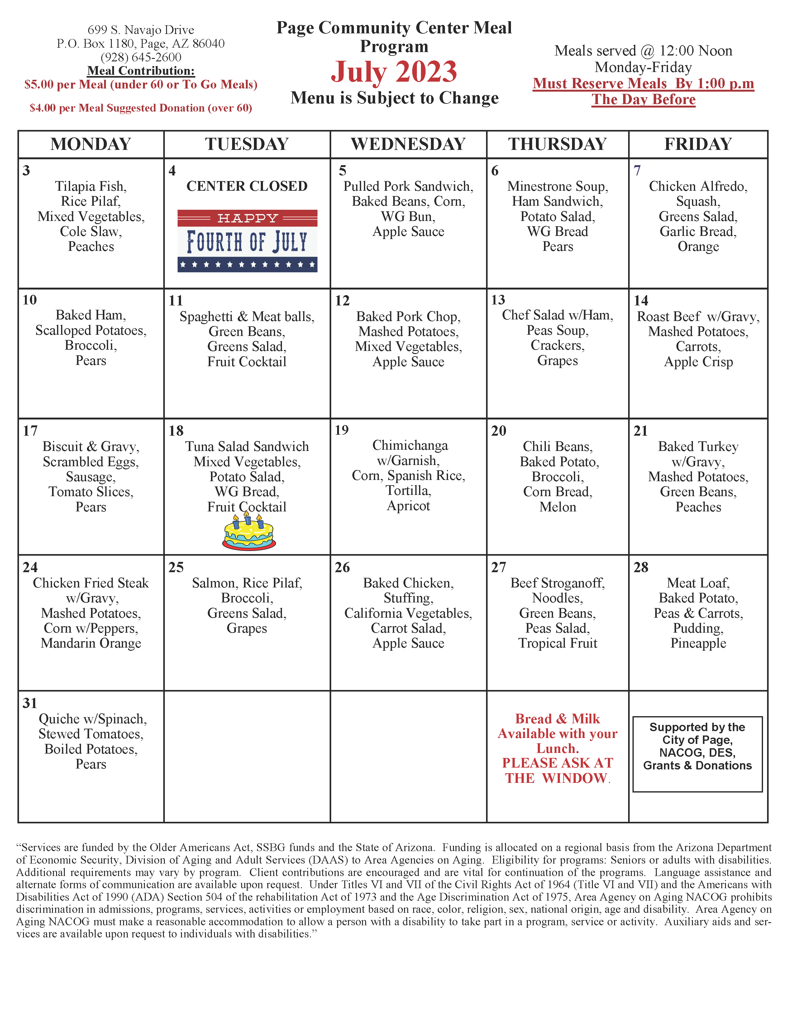 Meal Menu – City of Page