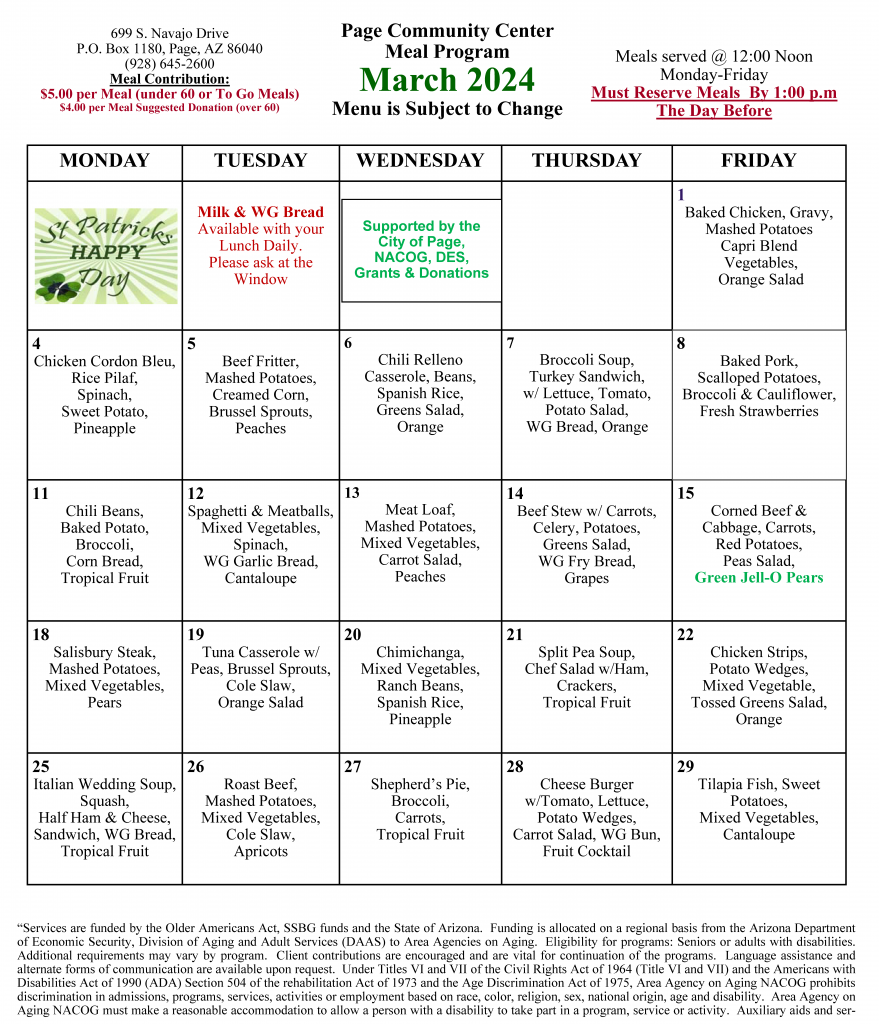 Meal Menu – City of Page