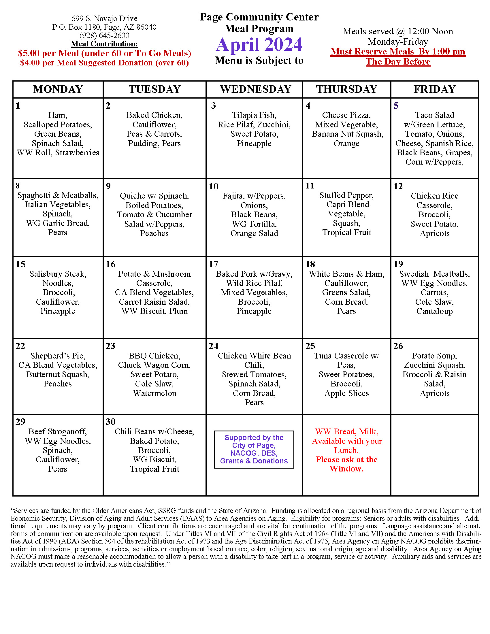 Meal Menu – City of Page
