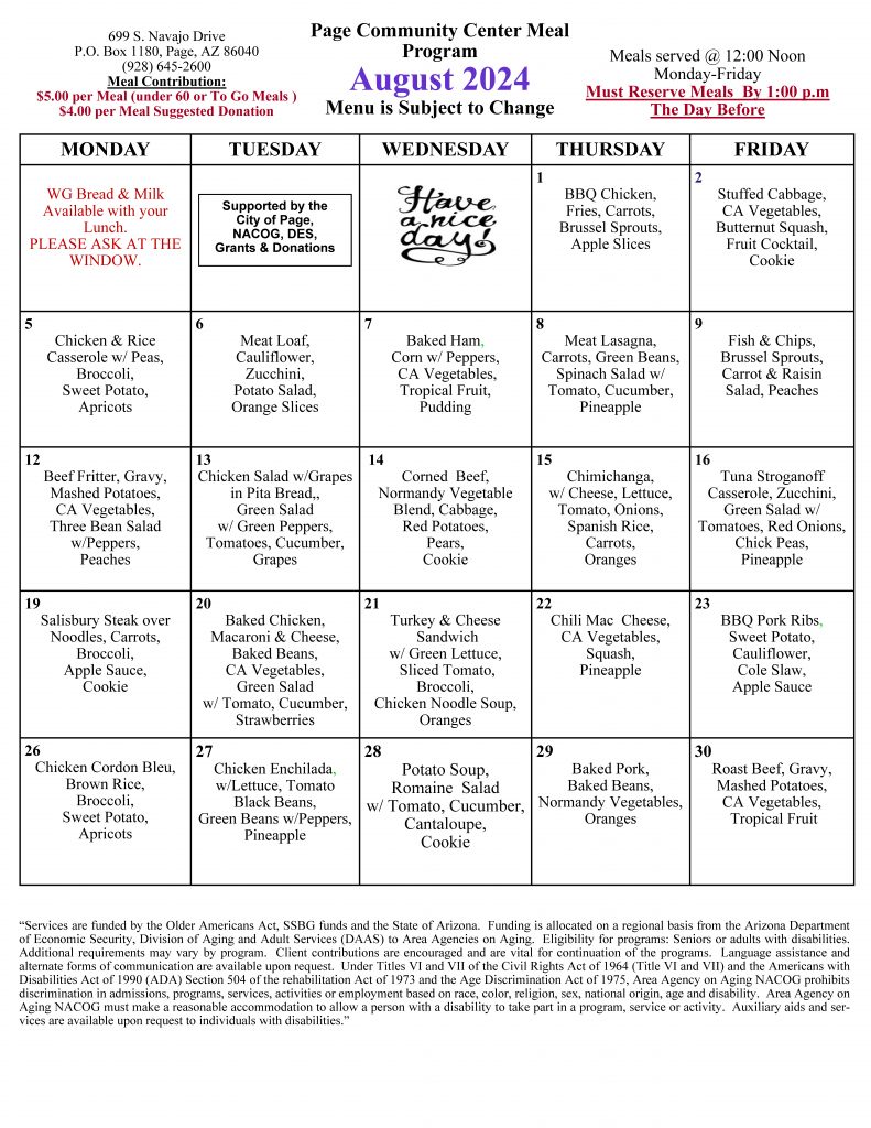 Meal Menu – City of Page